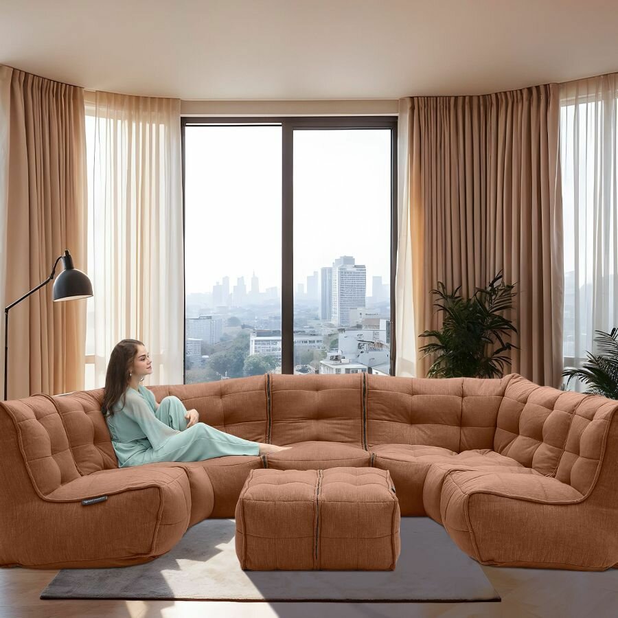 Модульный п-образный диван с оттоманкой для домашнего кинотеатра Mod6 Lounge Max - Terra Cocta (шенилл, терракотовый) - для небольших помещений: для дома, дачи, офиса (нераскладной)