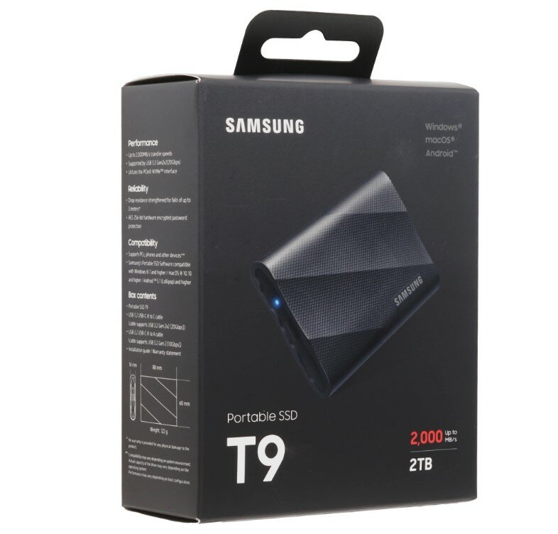 Накопитель SSD 2TB Samsung T9 MU-PG2T0B, V-NAND, USB 3.2 Gen 2 Type-C [R/W - 2000/2000 MB/s] черный