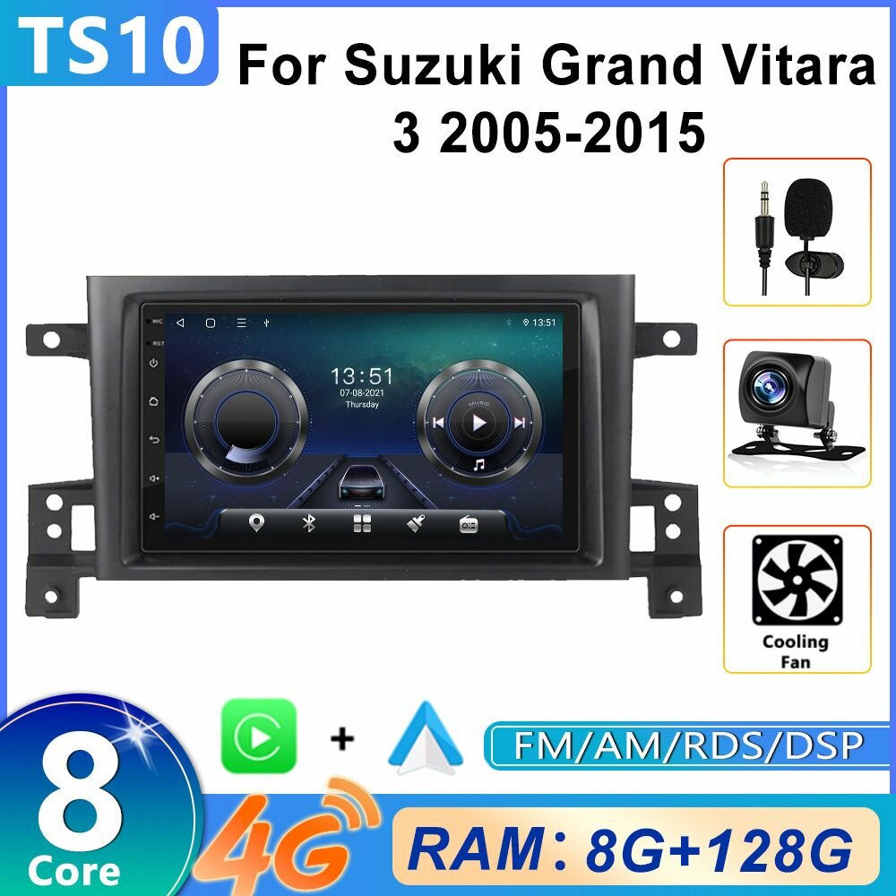 TS10 8+128G Магнитола для Suzuki Grand Vitara 2005-2015, 8 ядерный процессор IPS экран 7 дюймов, Carplay, автозвук DSP, Wifi, 4G, андроид штатная автомагнитола, Сузуки Гранд Витара