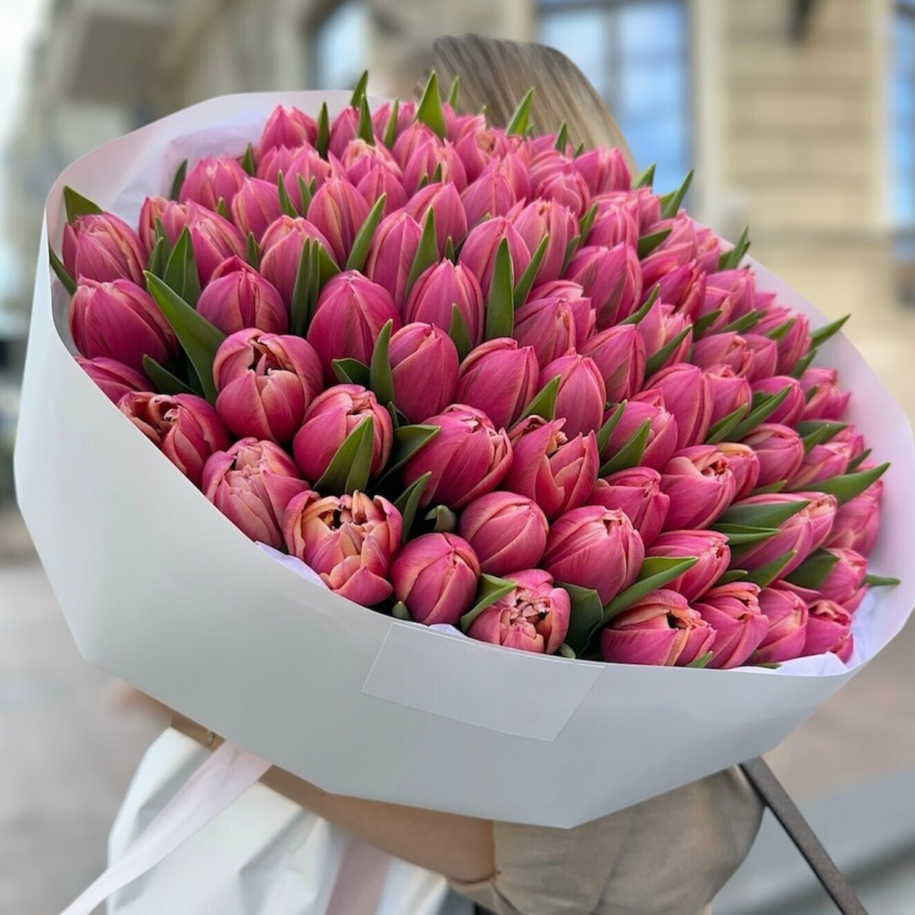 Букет из розовых тюльпанов 101 шт, красивый букет цветов, шикарный, премиум цветы, премиум букет