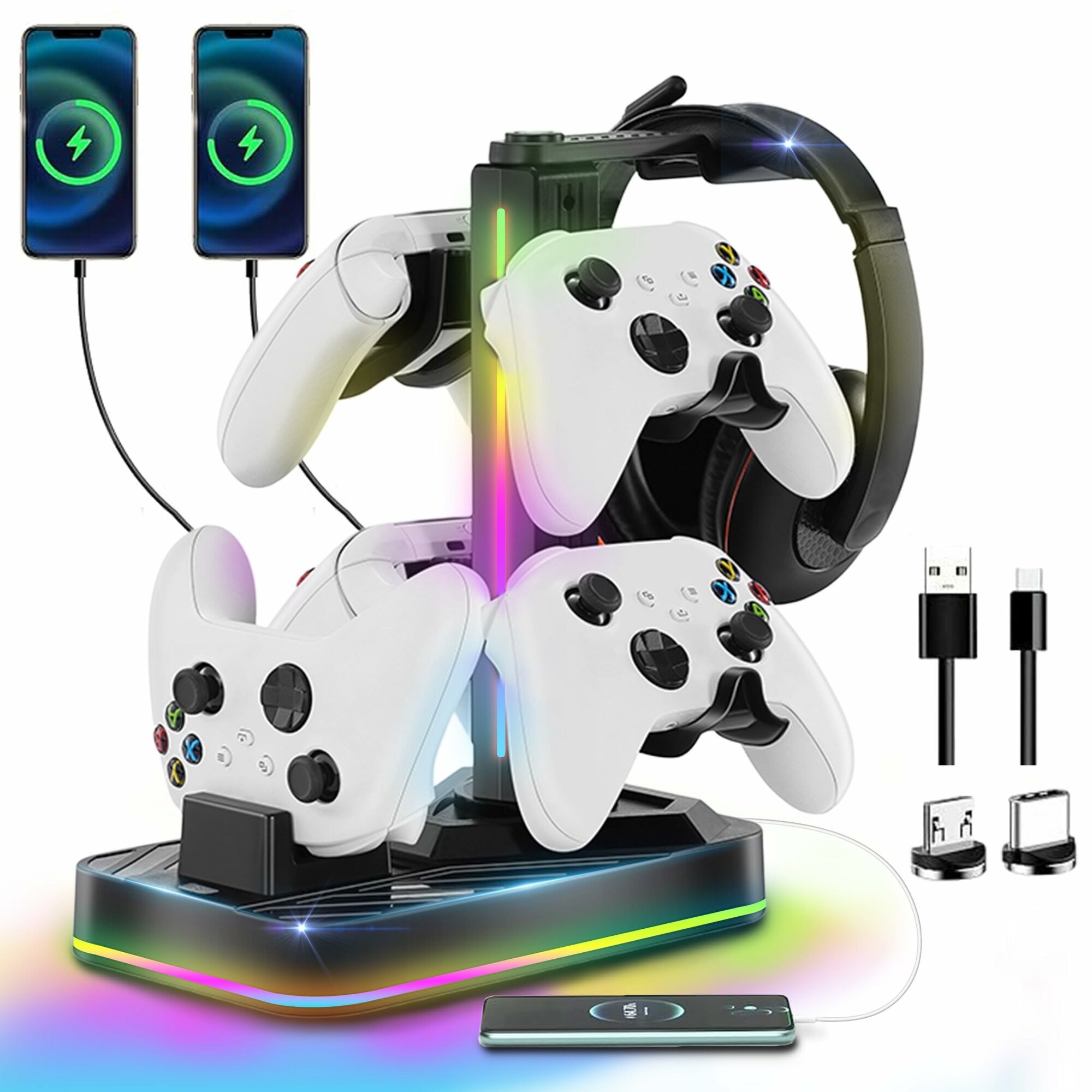 RGB док-станция для Xbox: зарядка контроллеров + подставка для наушников + 3 USB-порта, для Series X S/One/Elite
