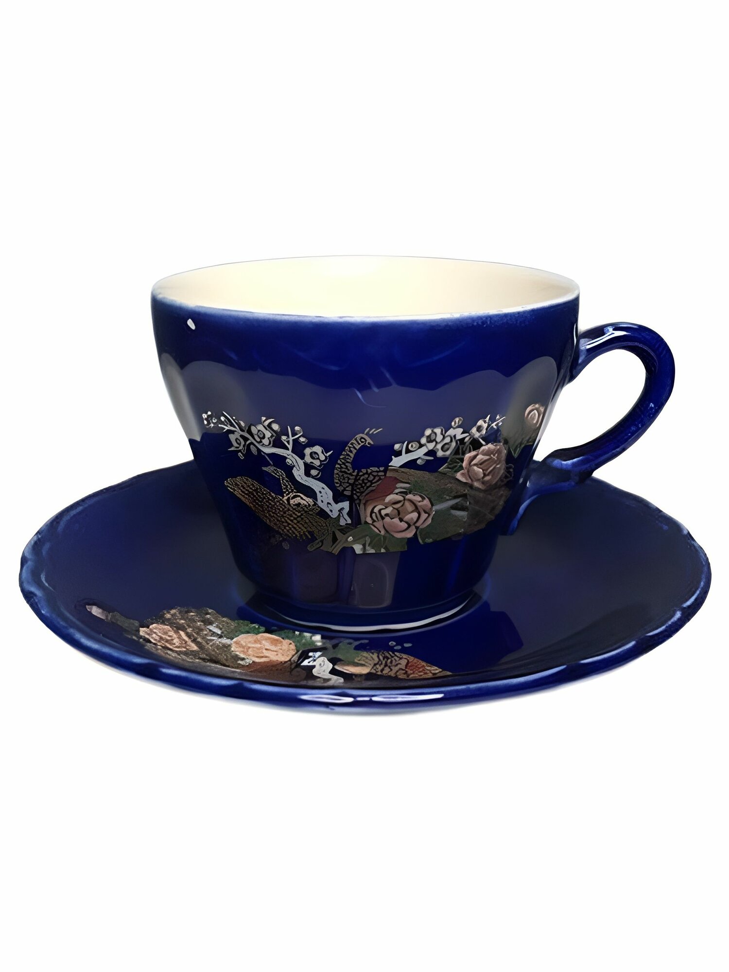 Кофейная пара винтажная, 70-е г. Япония "золотой павлин", 100мл, фарфор, живопись, кобальт