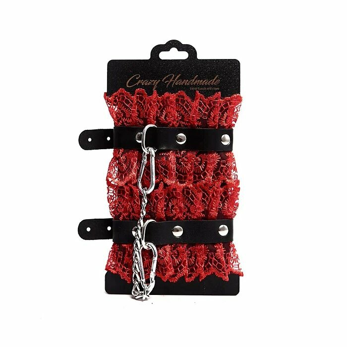 Наручники Crazy Handmade натуральная кожа с отделкой из красного кружева