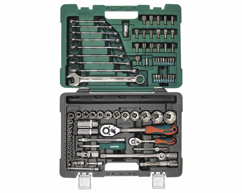 Набор инструментов 82 предмета (ключей и головок) 1/4", 1/2" дюйма 6-гр. (+2 доп.) Master 408184-M для дома и автомобиля в чемодане (кейсе)