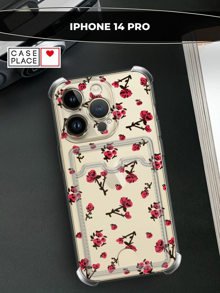 Чехол на Apple iPhone 14 Pro (Айфон 14 Про) с картой и принтом Паттерн красные розы