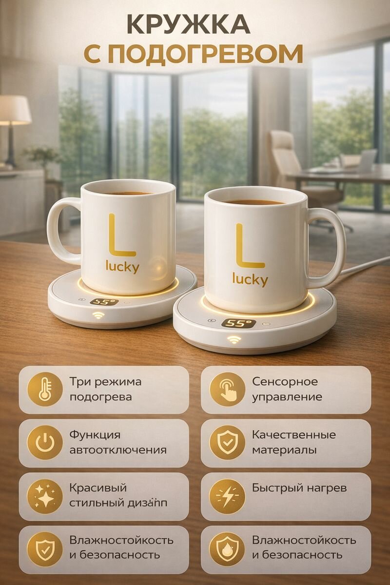 Кружка электрическая с подогревом для кофе и чая 2в1 домашняя офис