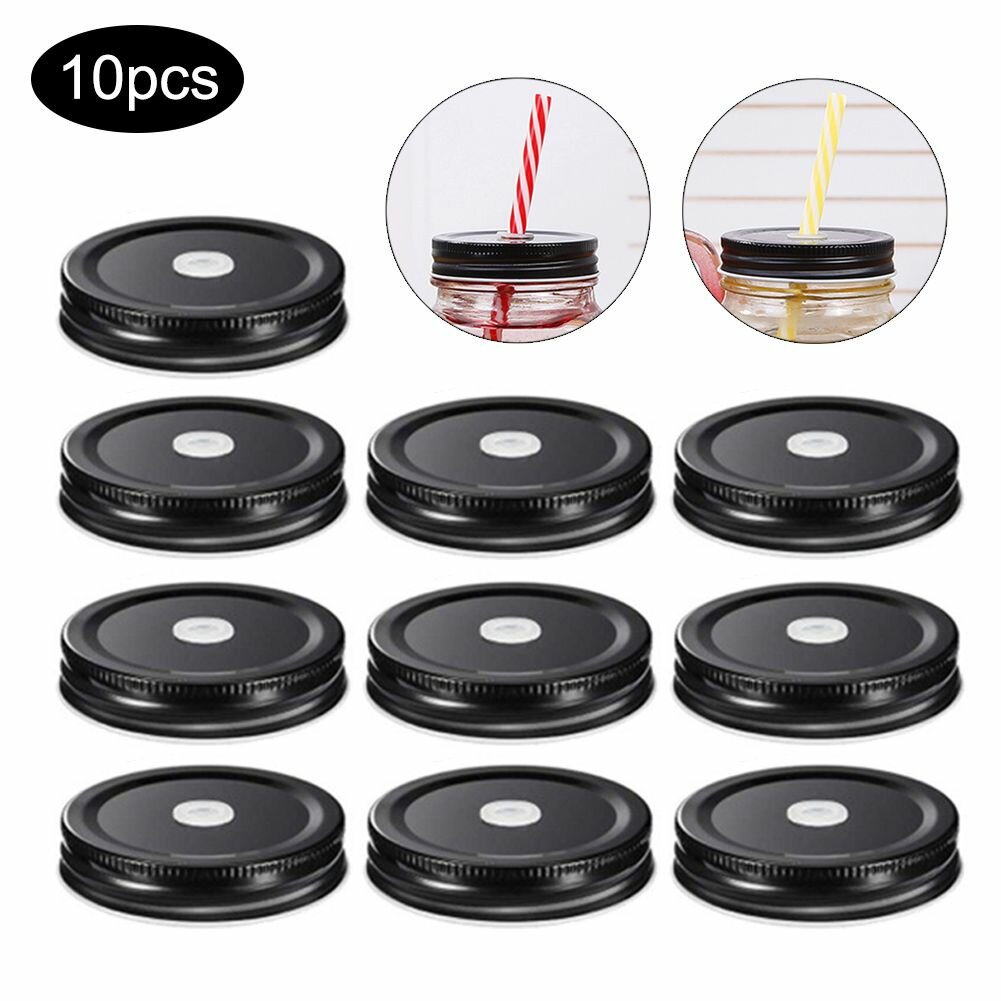 Крышка Mason с отверстием для трубочки, черная (70 мм, 10 шт)-DKD-CJ0903