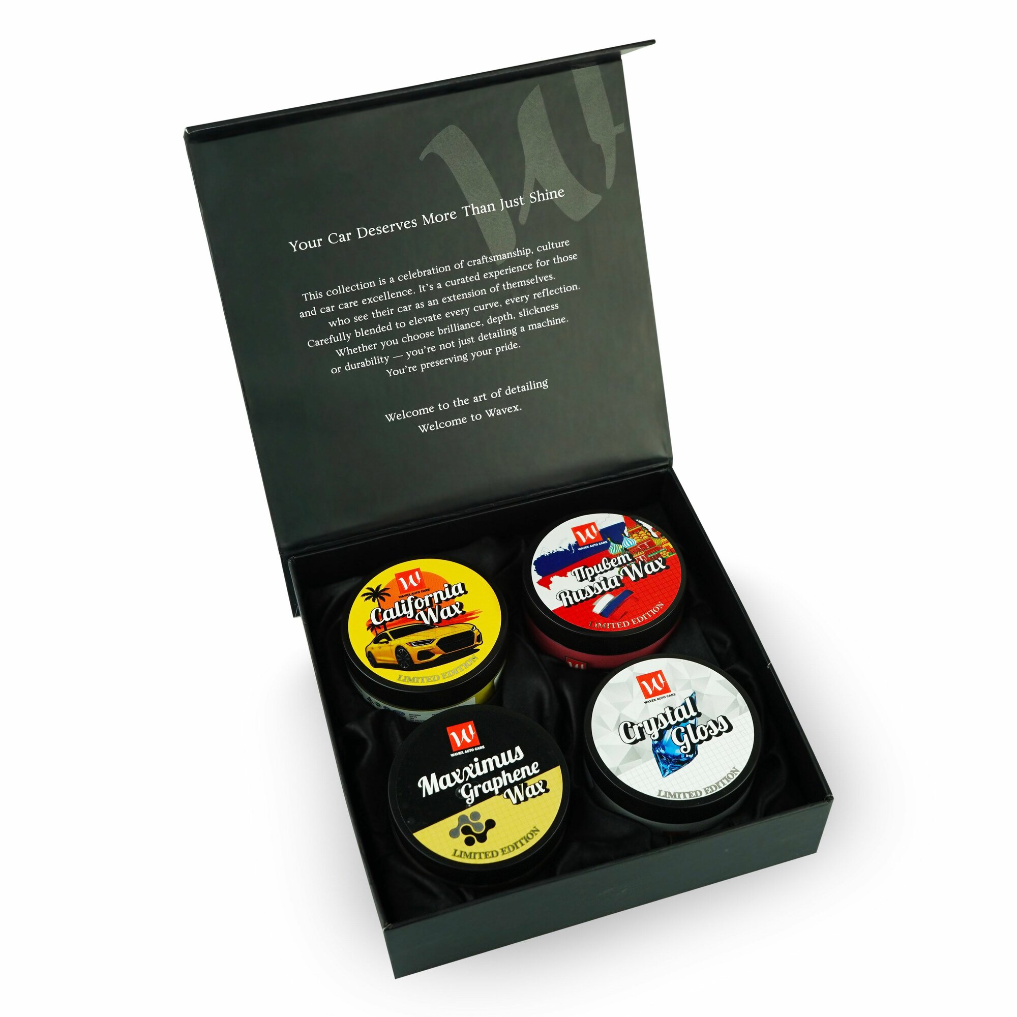 Wavex Waxes kit, Набор из 4х восков для ЛКП (Crystal Gloss - фруктовый, Russia Wax - вишня, California Wax - ананас, Maxximus Ceramic - цветочный) 200 гр.