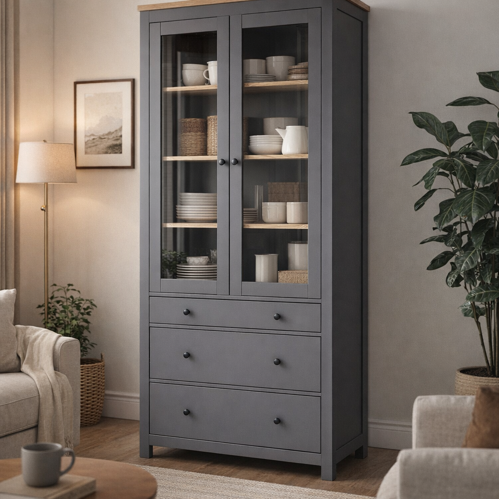 Шкаф с витриной икеа Сага, 90х41х215 см, серый/ясень.