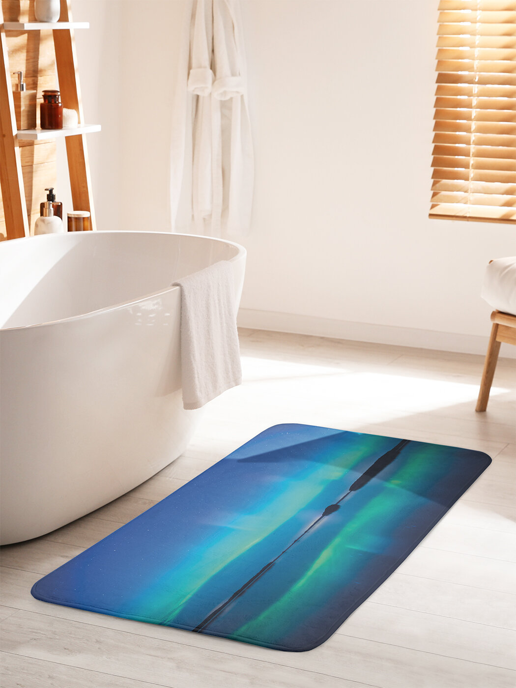 Коврик для ванной комнаты и туалета противоскользящий "Северное сияние на фоне озера" 60х100 см, JoyArty