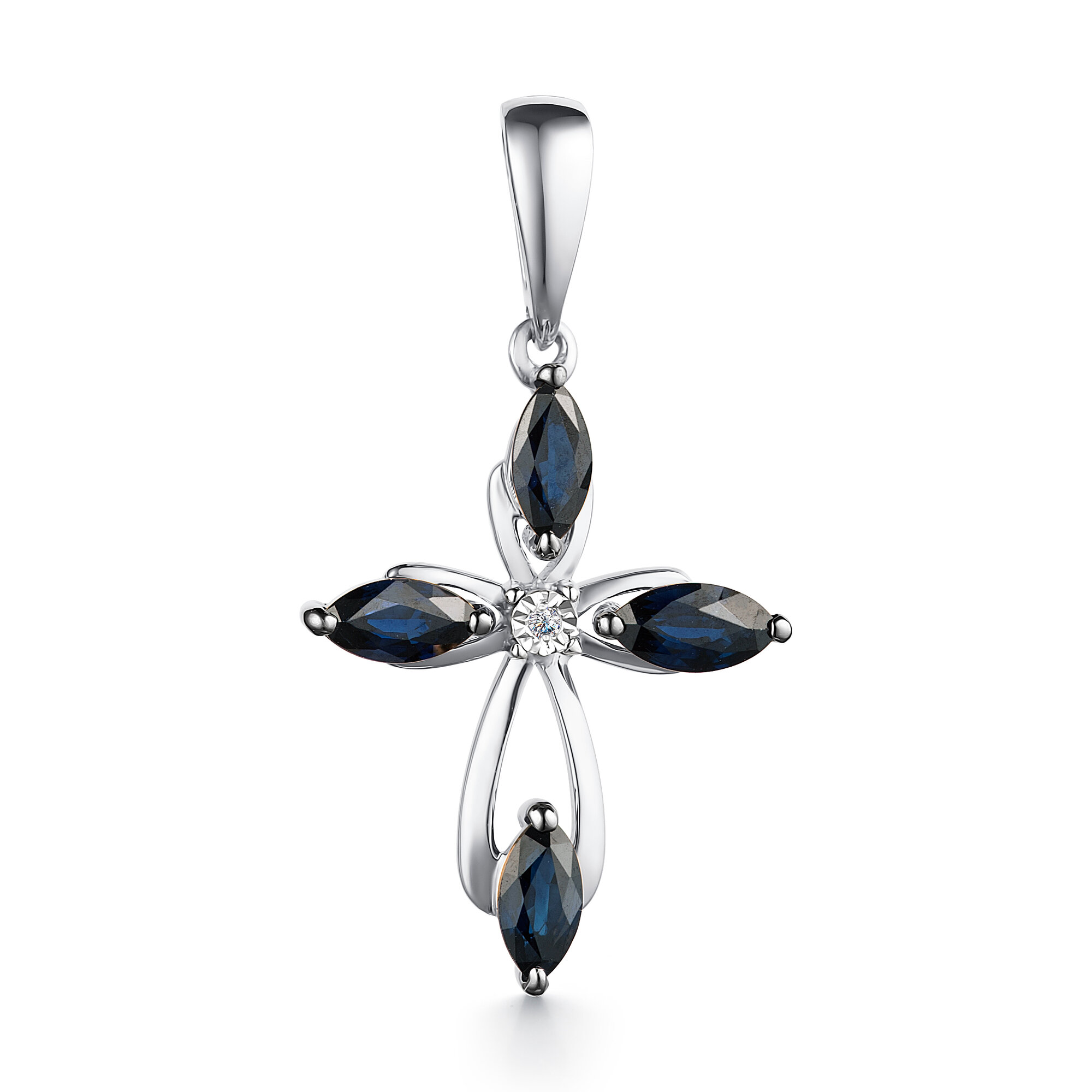 Подвеска, белое золото, 585 проба, сапфир, бриллиант