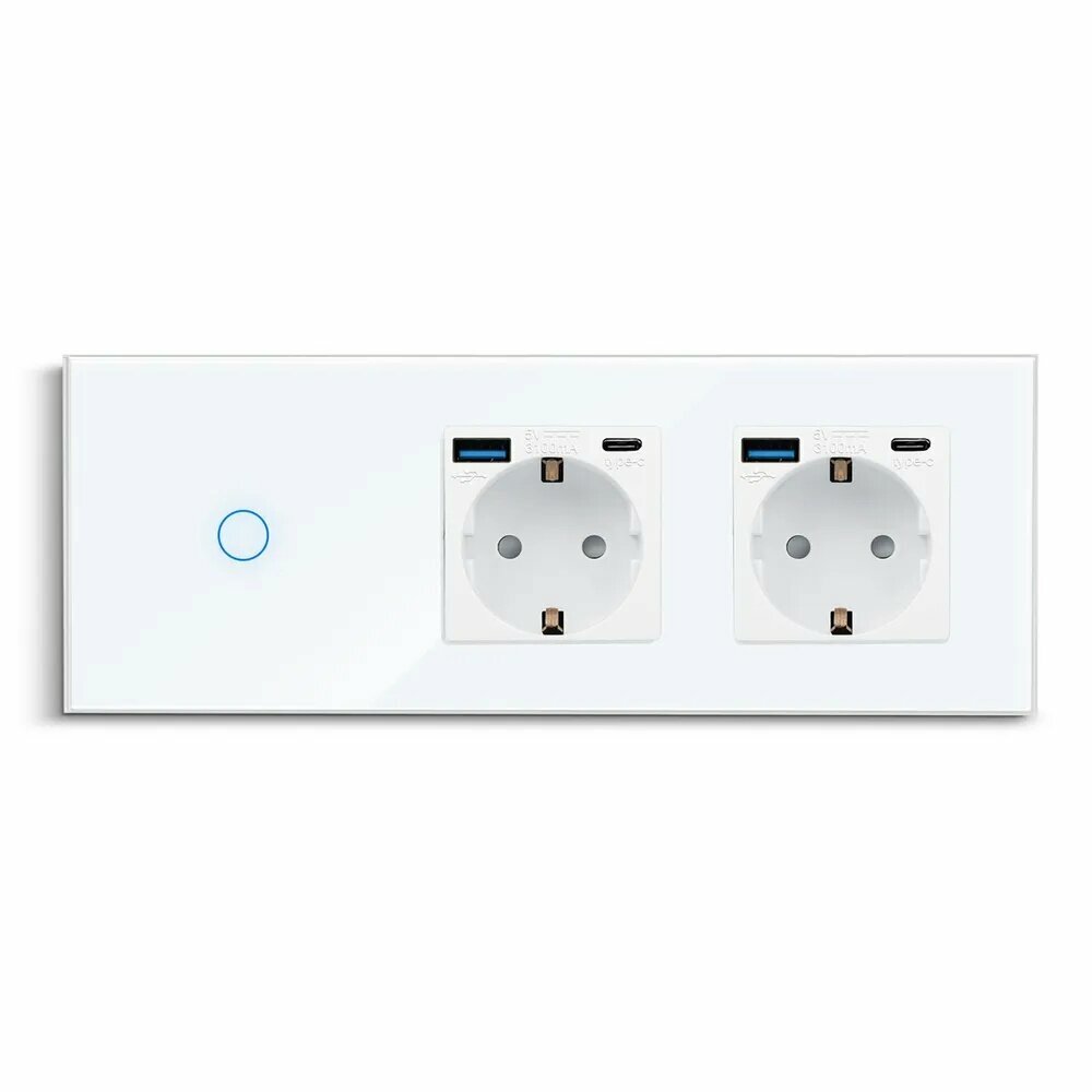 Сенсорный выключатель с двумя розетками с USB и type-C ,1 клавиша 2 розетки, панель стекло белый,228mm