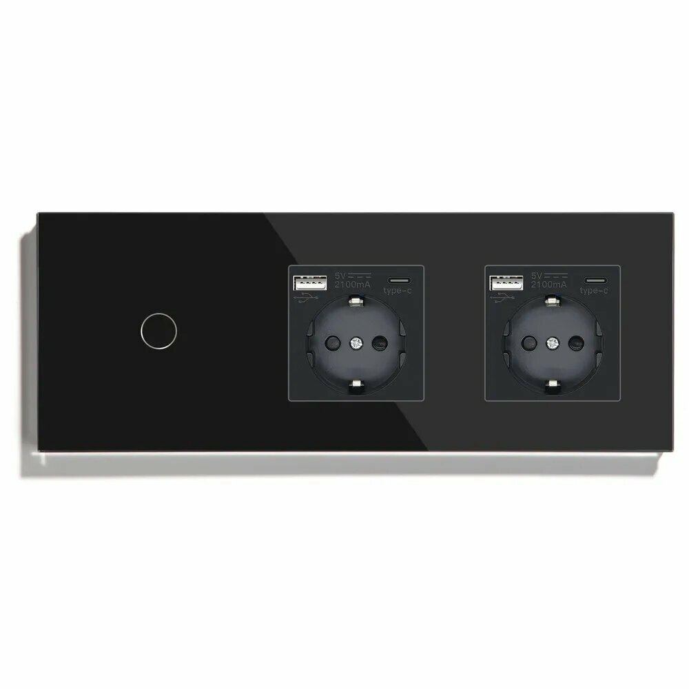 Сенсорный выключатель с двумя розетками с USB и type-C ,1 клавиша 2 розетки, панель стекло Черная