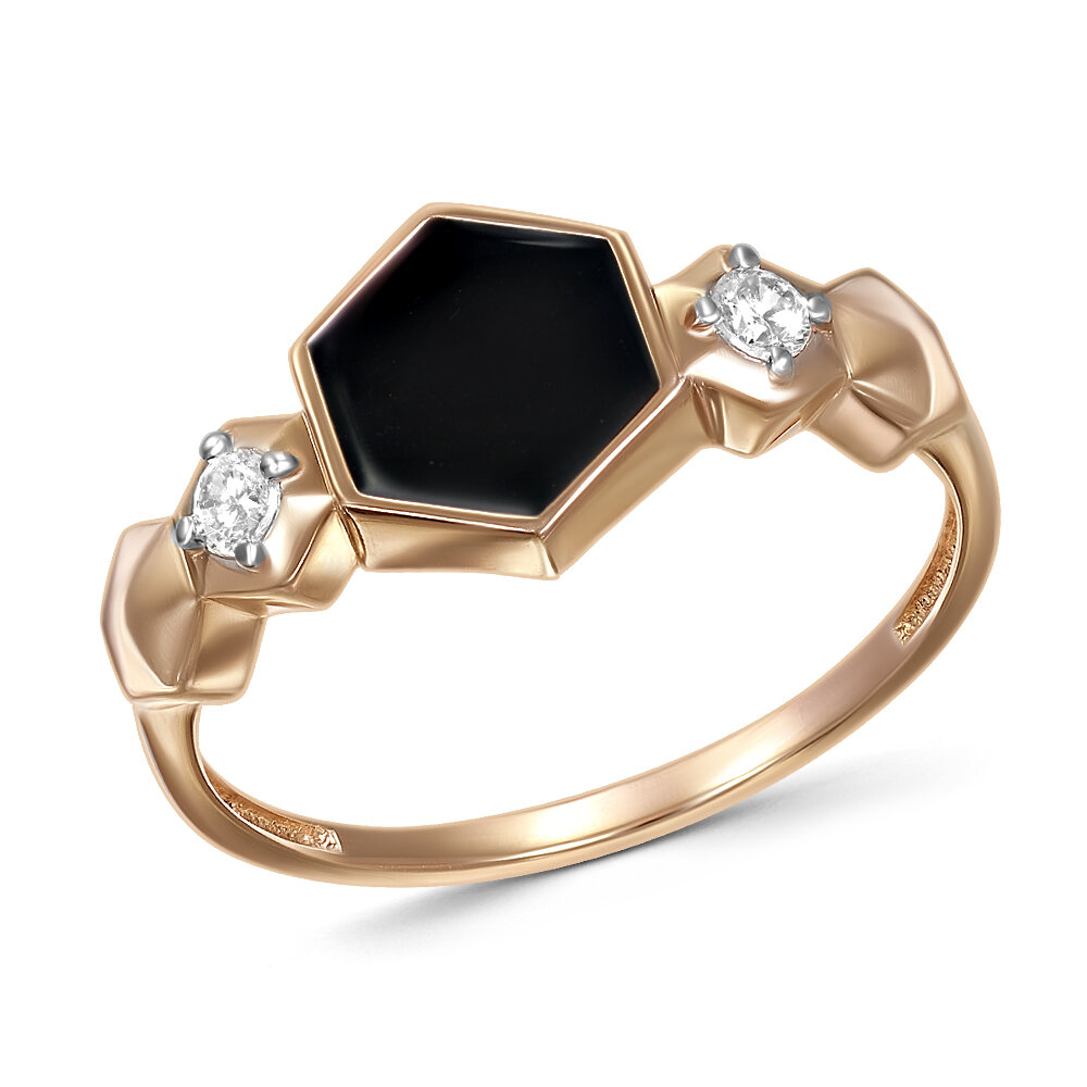 Кольцо тонкое, красное золото, 585 проба, эмаль, фианит