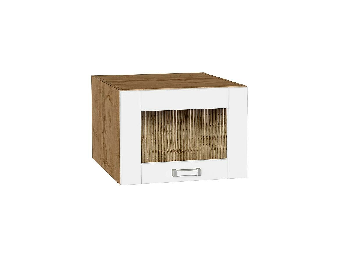 Шкаф верхний горизонтальный остекленный глубокий Лофт, цвет фасада White Silk, цвет каркаса Дуб Вотан, стекло Magic Moru V, 358*500*576 мм