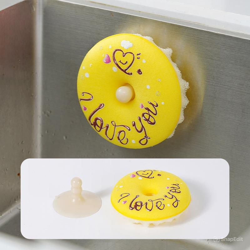 Губка для посуды "Пончик" 3,5 см x 11 см, с присоской, желтая, случайный рисунок