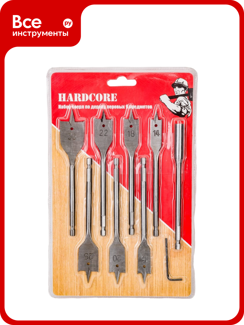 Набор сверл по дереву перовых (9 шт; 14-30x152 мм) Hardcore, Набор сверл перовых hardcore 160009 предназначен для дрелей