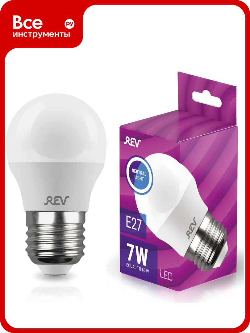 Светодиодная лампа LED G45 Е27 7W 560Лм, 4000K, холодный свет REV 32343 3
