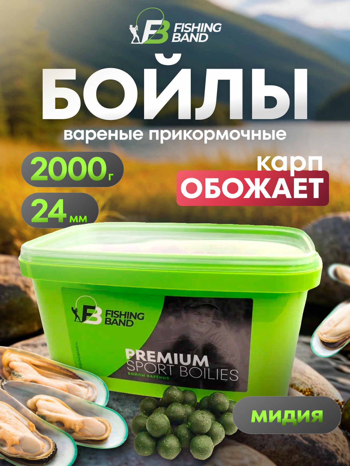 Бойлы FISHING BAND Premium Sport Мидия, прикормочные, тонущие, 24мм, 2кг