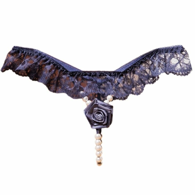 Женские кружевные розовые стринги с жемчугом-серо-голубой-один размер