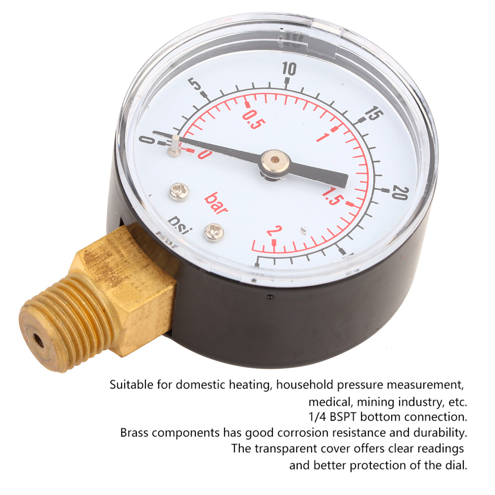 Манометр 50мм 1/4 BSPT латунный резьба для топлива воздуха масла газа воды (0-100PSI 0-7Bar)