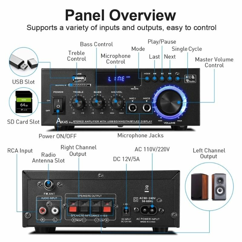 AK45pro мощный домашний автомобильный усилитель мощности Bluetooth 50Wx2-Европейский стандарт