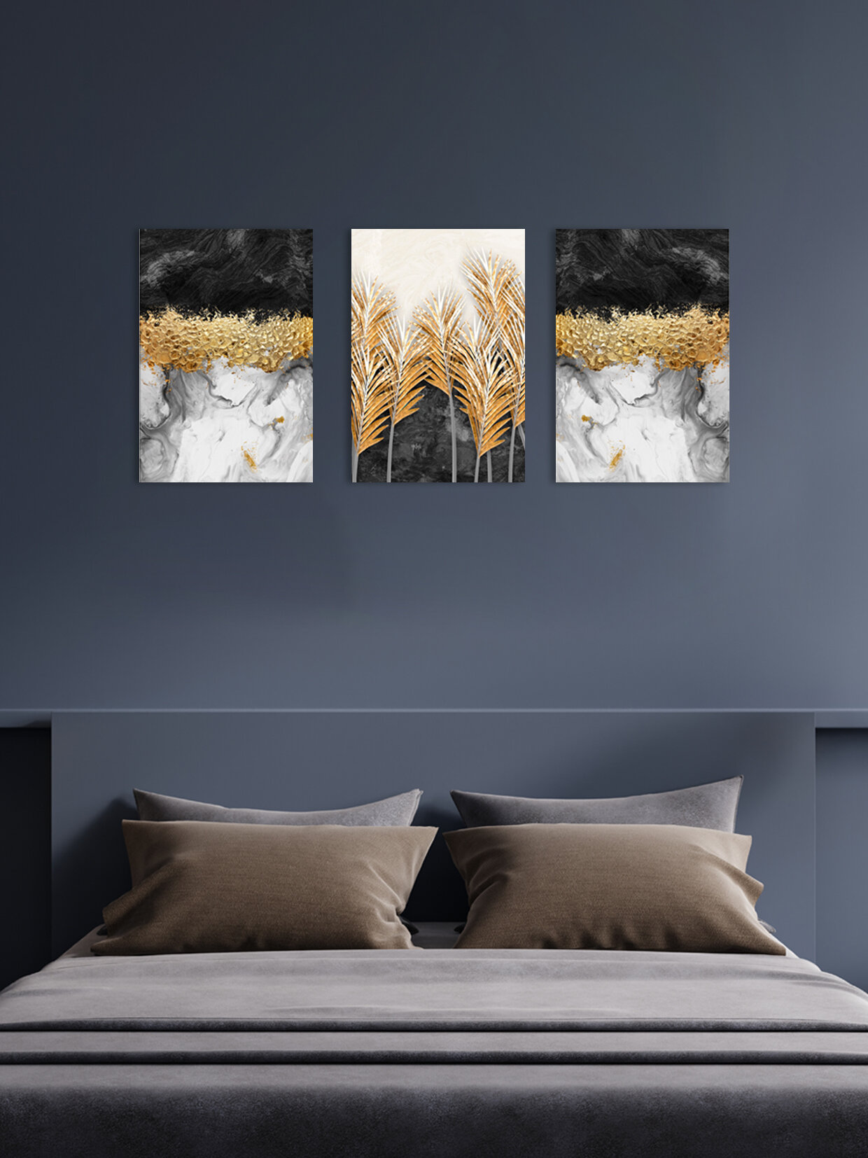 Модульная картина для интерьера на стену абстракция. Золотые колоски на чёрно-белом фоне 50х75 см - 3 штуки на холсте на подрамнике