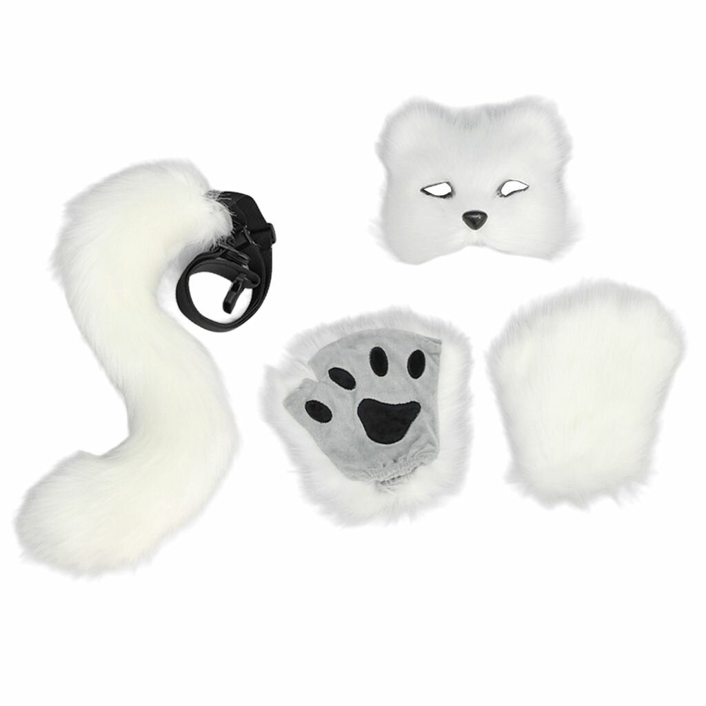 (1 комплект) Набор плюшевых ушек и хвоста Лисьего кота-белый