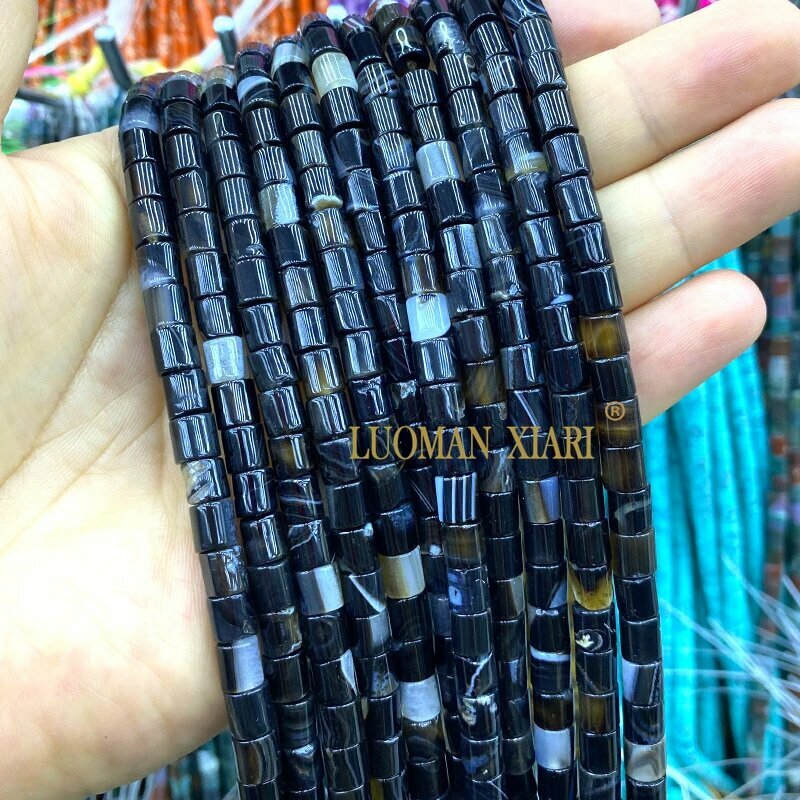 Натуральные бусины LUOMAN XIARI черный оникс 6x6 мм 6x6mm 27-29pcs, stripe black agate
