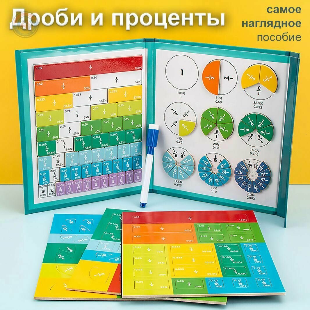 Магнитная книга «Дроби и проценты» — интерактивное пособие по математике для детей с магнитами и наглядными примерами