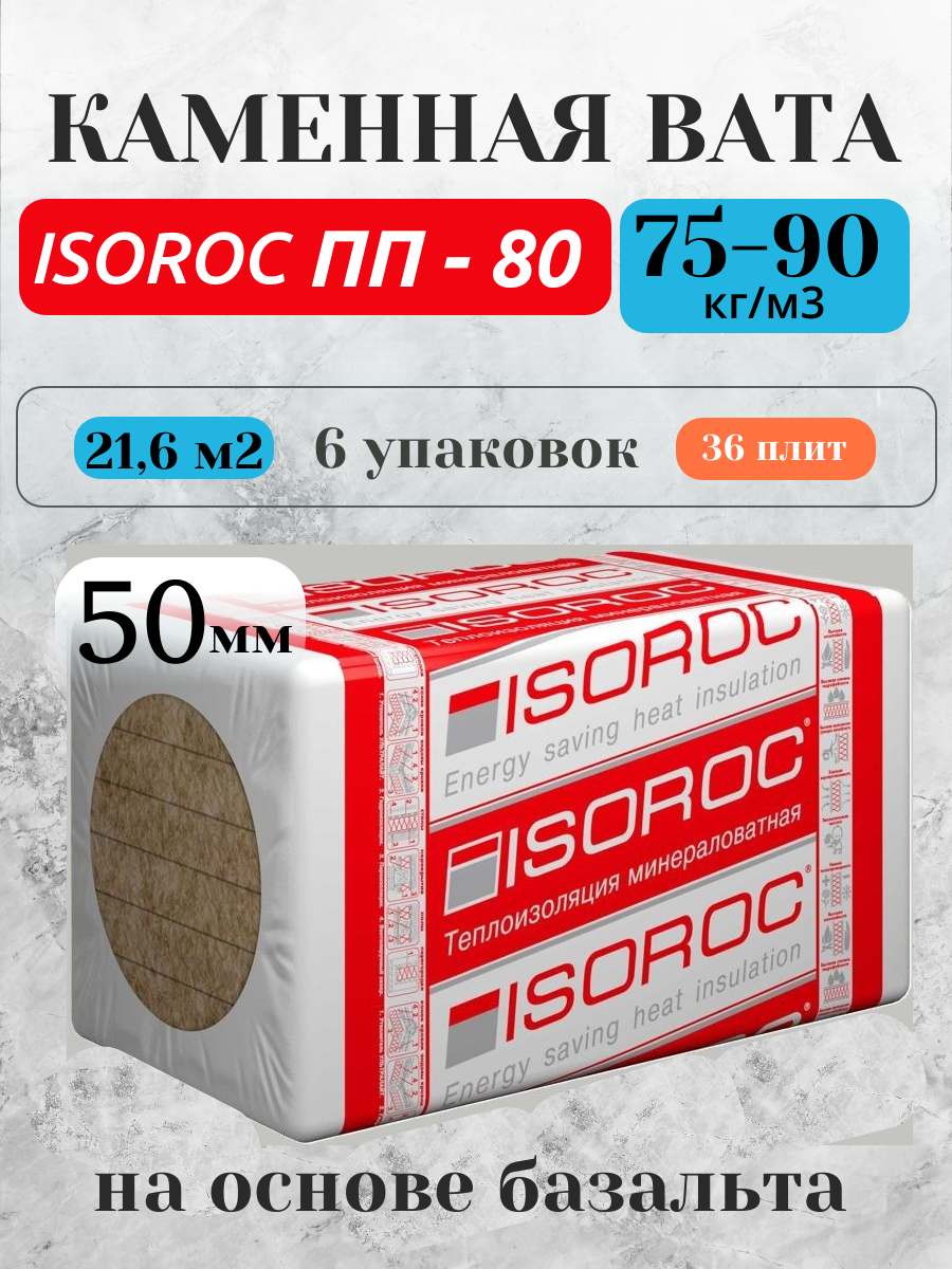 Утеплитель изорок ПП-80, 50 мм 6 упаковок 21,6м2, 36 плит минеральная (каменная вата) плотность 90 кг/м3