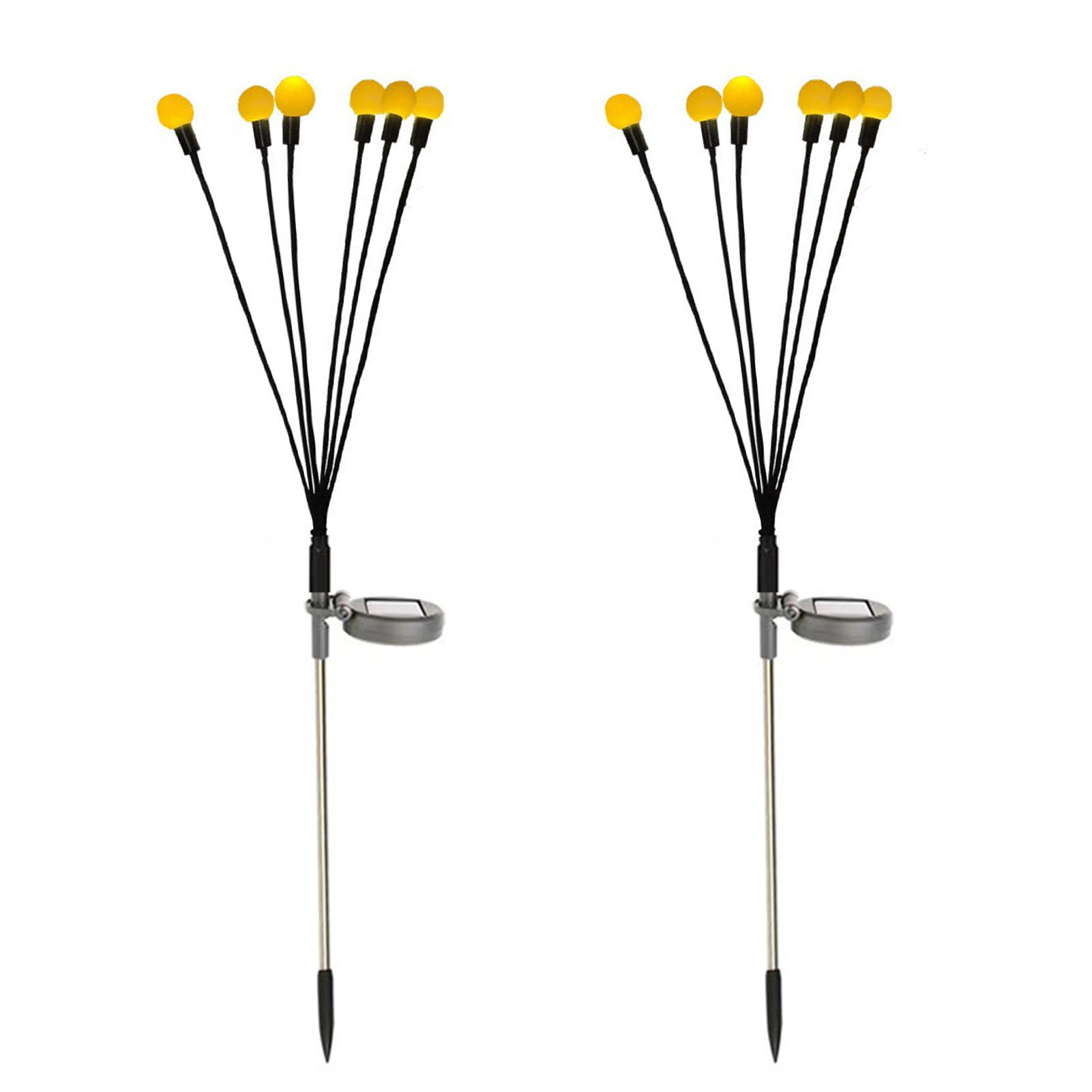 2 упаковки 6-головые солнечные светлячки с интеллектуальным управлением освещением, водонепроницаемые для улицы, с грунтовой штырькой для сада, атмосферное украшение