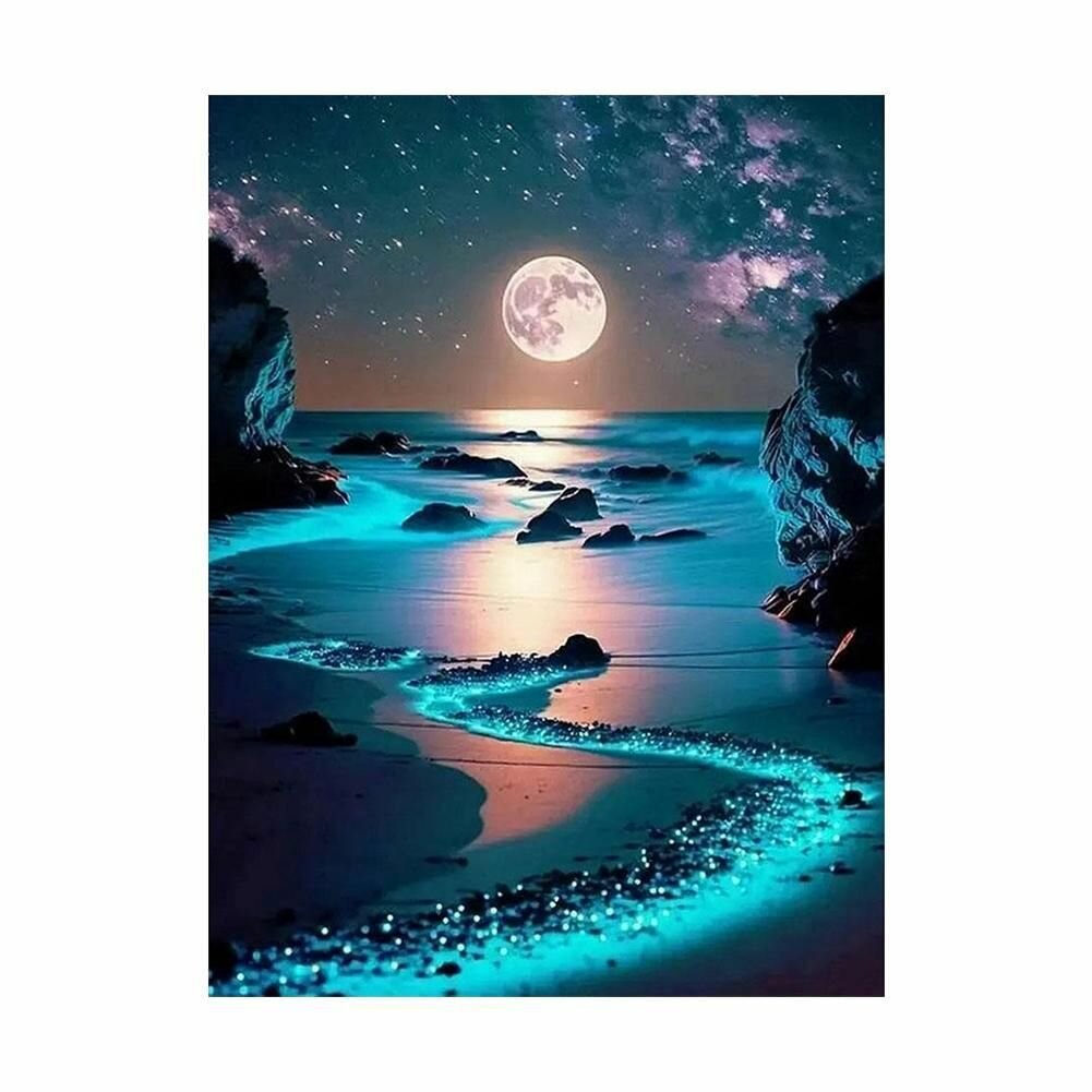 Алмазная мозаика большая картина "Пляжный лунный свет" 30х40 см со светящимся в темноте стразами и 5Д элементами