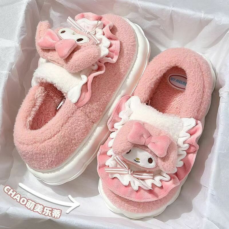 MOOCIE Женские тапочки Hello Kitty из хлопка на платформе, зимние, толстые, теплые, домашние, плоские, хлопковые, нескользящие, плюшевые, хлопковые тапочки для девочек