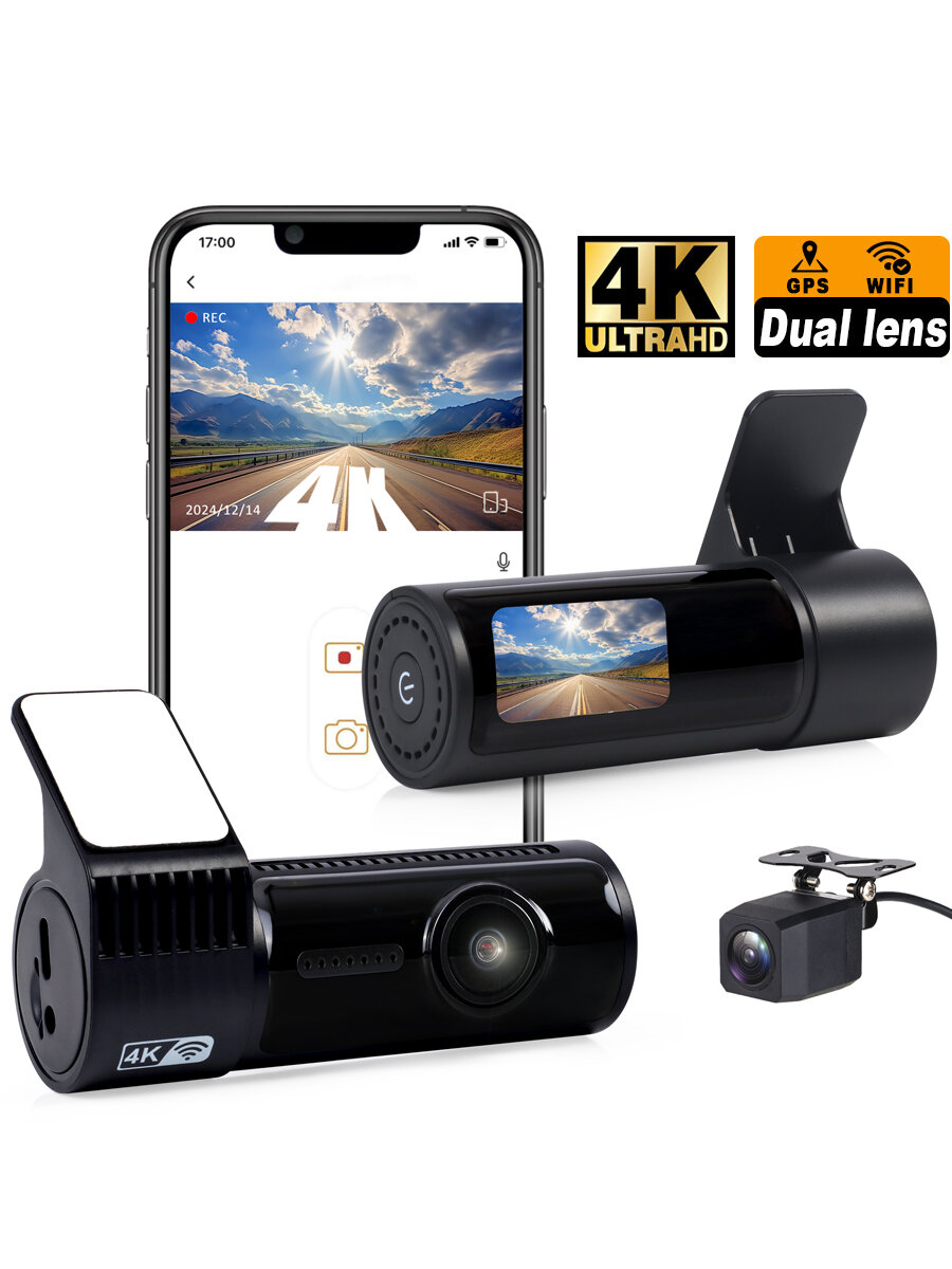 Автомобильный видеорегистратор, 4K, с GPS, G-сенсор, WiFi, 2 камеры