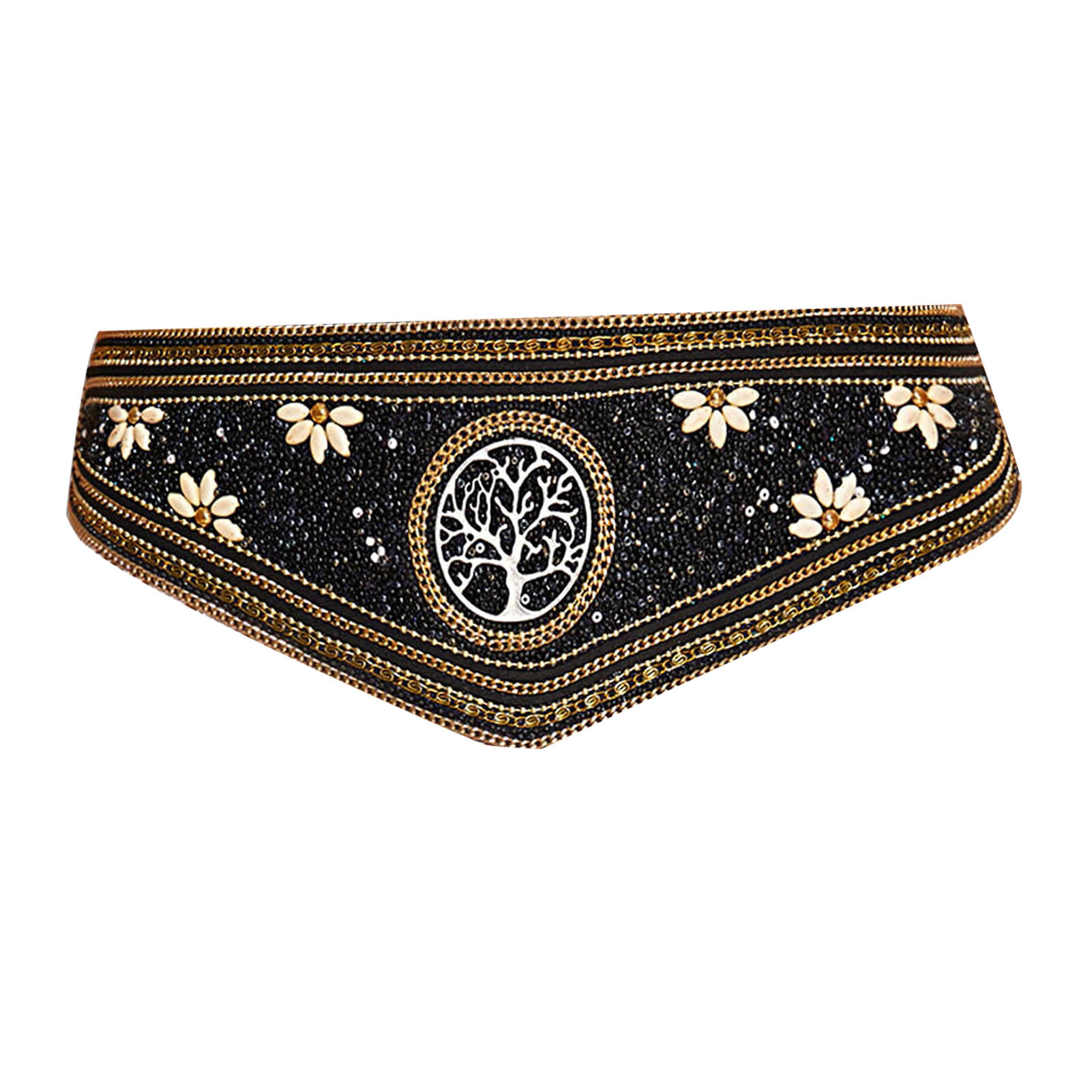 Женский пояс в стиле бохо с эластичной резинкой, украшенной бусинами, из искусственной кожи, широкий, ручной работы, с треугольным узором в виде дерева, подходит для роста от 72 до 85 см