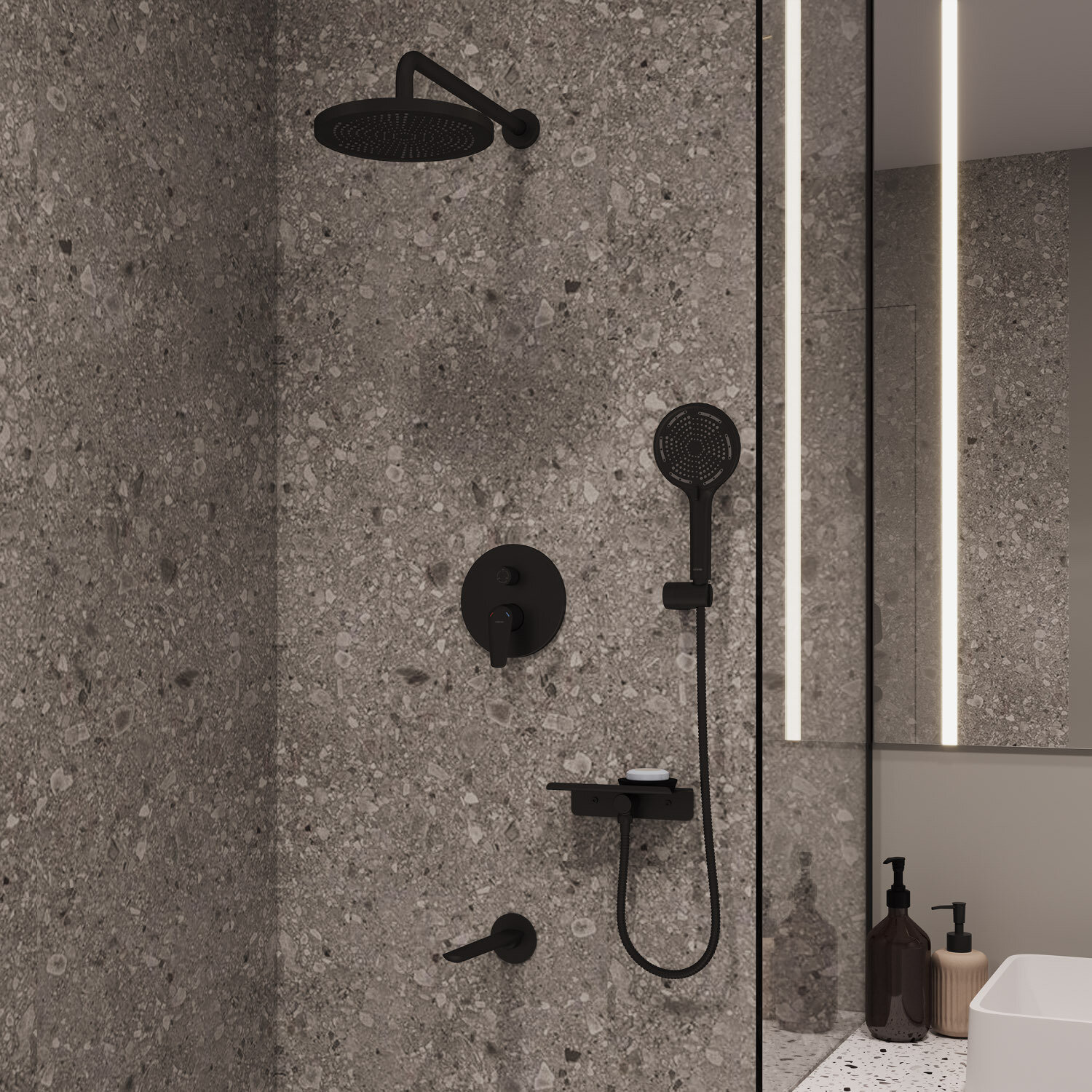 Душевая система скрытого монтажа с тропическим душем, ручным душем и изливом Milardo Dale DALBL03M68 черный матовый