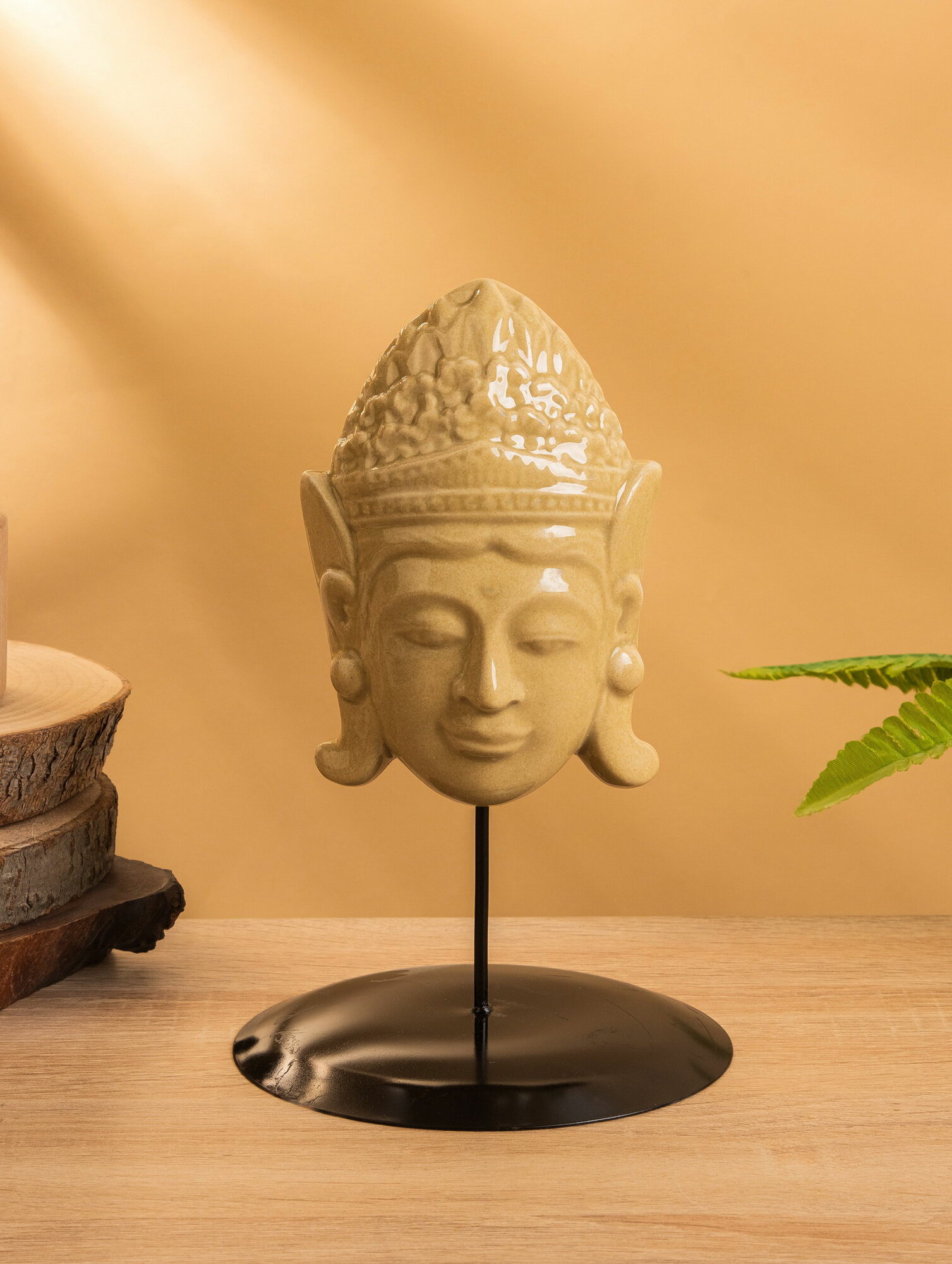Маска "Будда", на подставке, 14x14x22 см, керамика, бежевая, цвет: бежевый