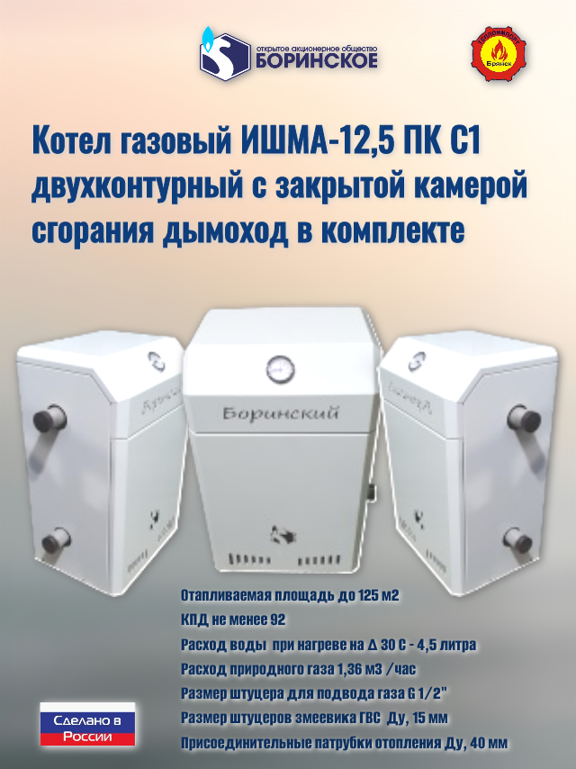 Котел газовый ИШМА-12,5 ПК С1 двухконтурный в комплекте труба дымоудаления
