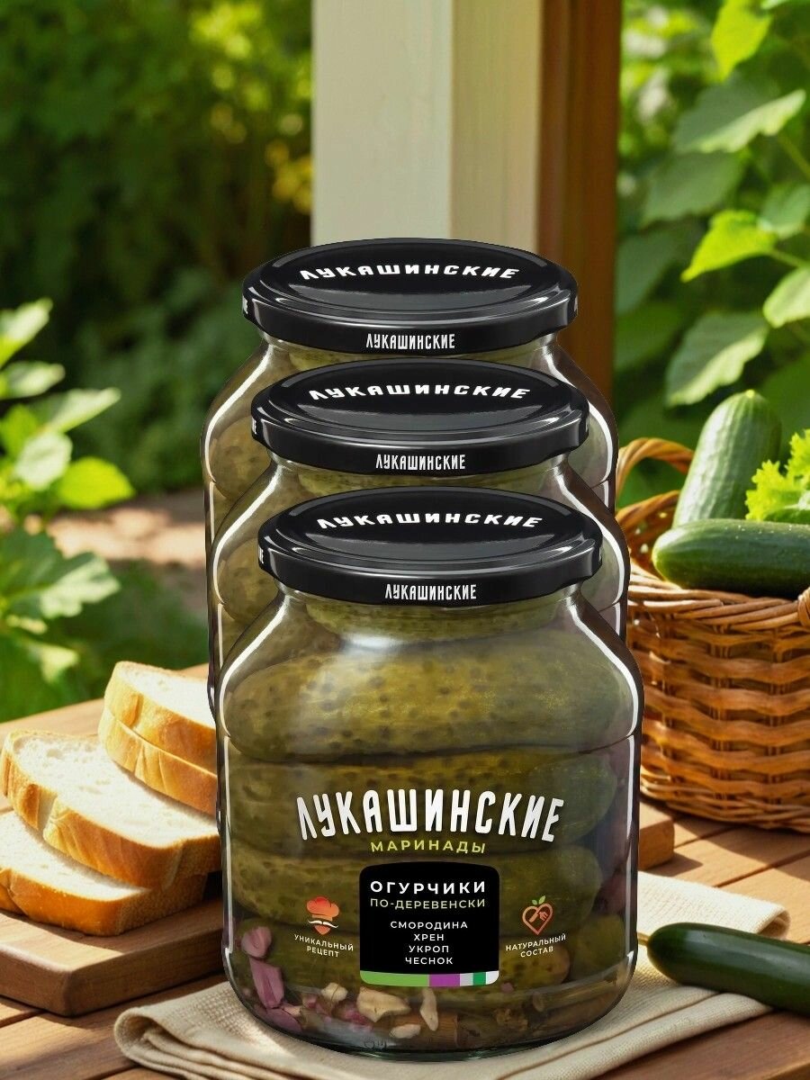 Огурчики "Лукашинские" по-деревенски маринованные хреном. и смородиной 670гр.(Набор 3шт)