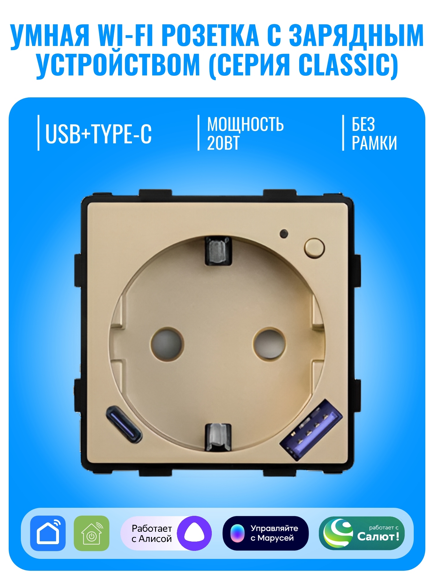 Умная Wi-Fi розетка с зарядным устройством USB и Type-C Smart Aura серия Classic без рамки