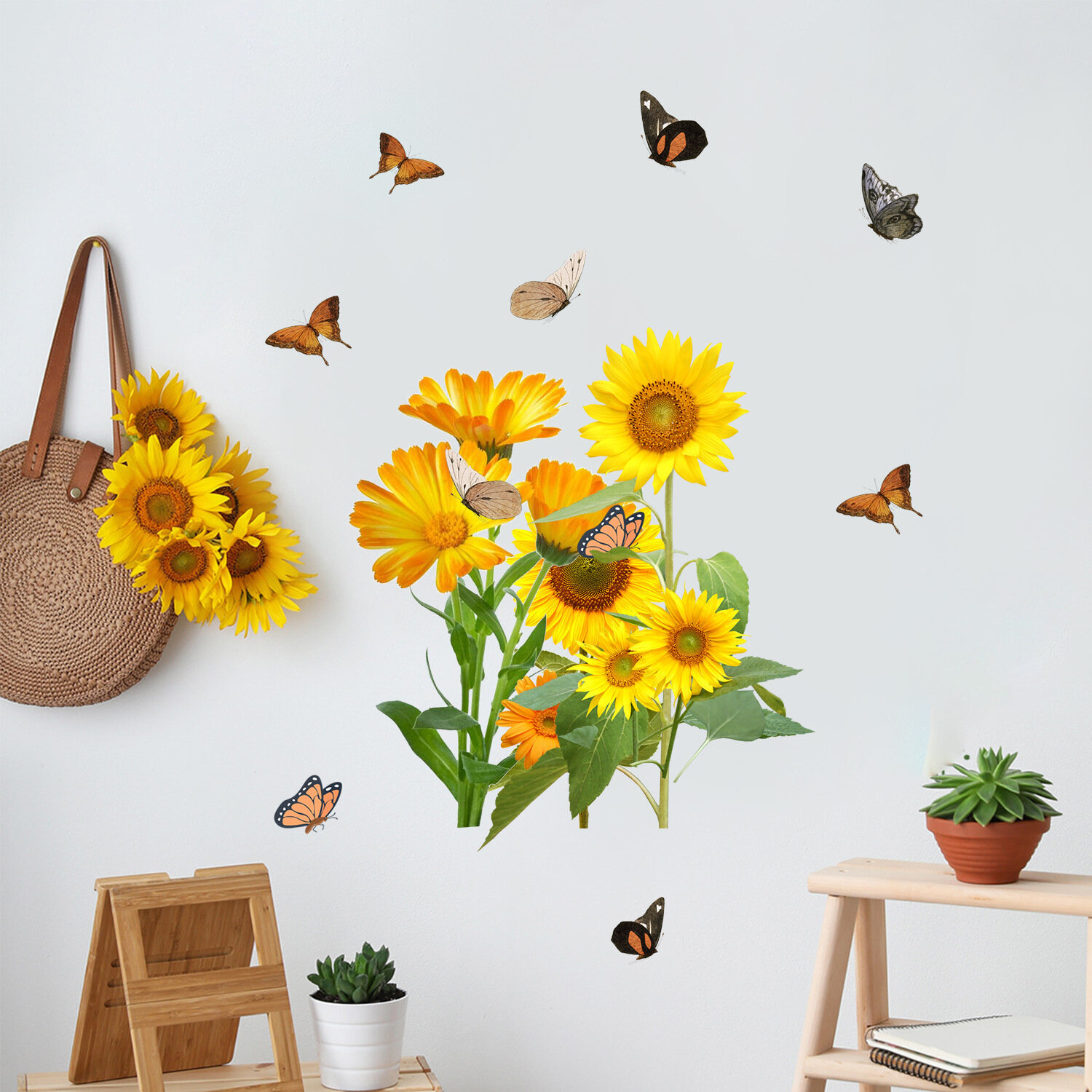 Наклейки на стену с изображением бабочек и подсолнухов, цветочные обои с растениями, самоклеящиеся наклейки на стену из ПВХ, съемный декор для спальни, гостиной, детской комнаты, класса, летнего природного стиля, украшения дома