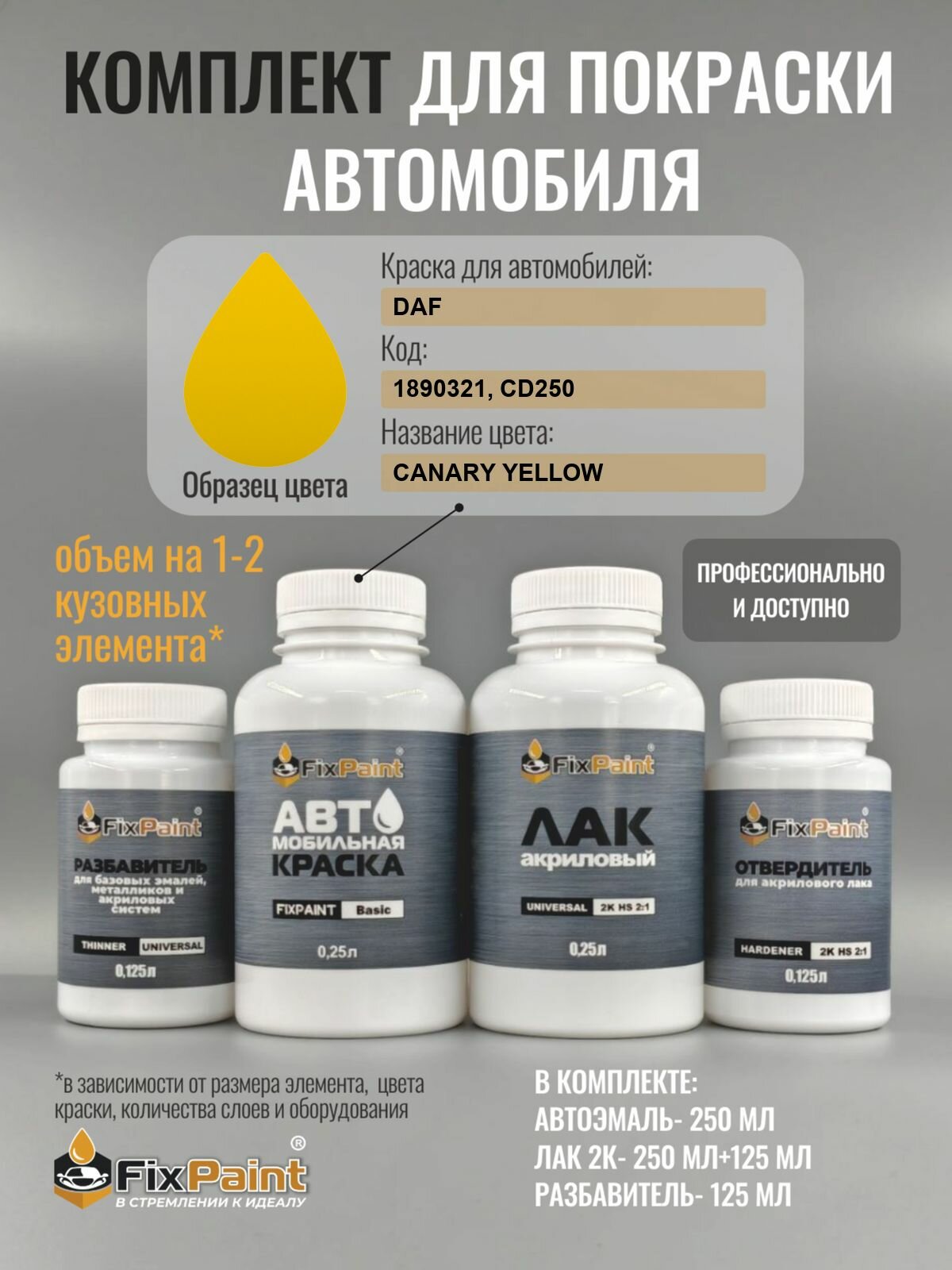 Комплект для покраски DAF, код 1890321, CD250, CANARY YELLOW, базовая автомобильная эмаль 250 мл, лак 2K 250 мл с отвердителем, разбавитель 125 мл, FixPaint Pro