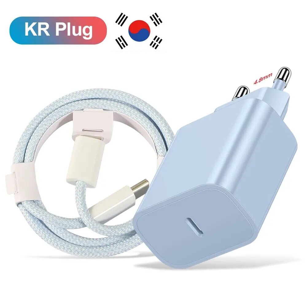 Быстрое Зарядное Устройство PD USB C Type C 20 Вт Для iPhone 15 Xiaomi Голубой, KR Blue With Cable