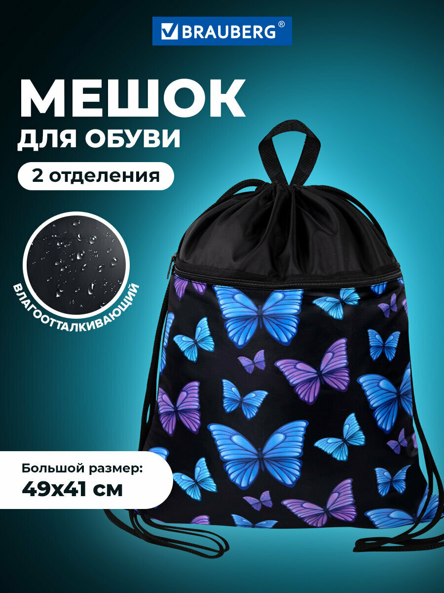 Мешок для обуви для девочек большой, сумка для сменки в школу, чехол детский плотный с ручкой, карманом на молнии, 49х41см, Brauberg Fly aways, 272402