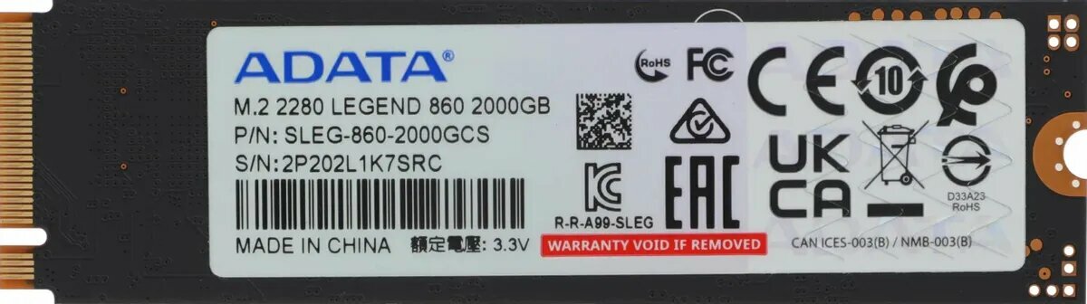 Накопитель SSD A-Data PCIe 4.0 x 2TB SLEG-860-2000GCS Legend 860 M.2 2280