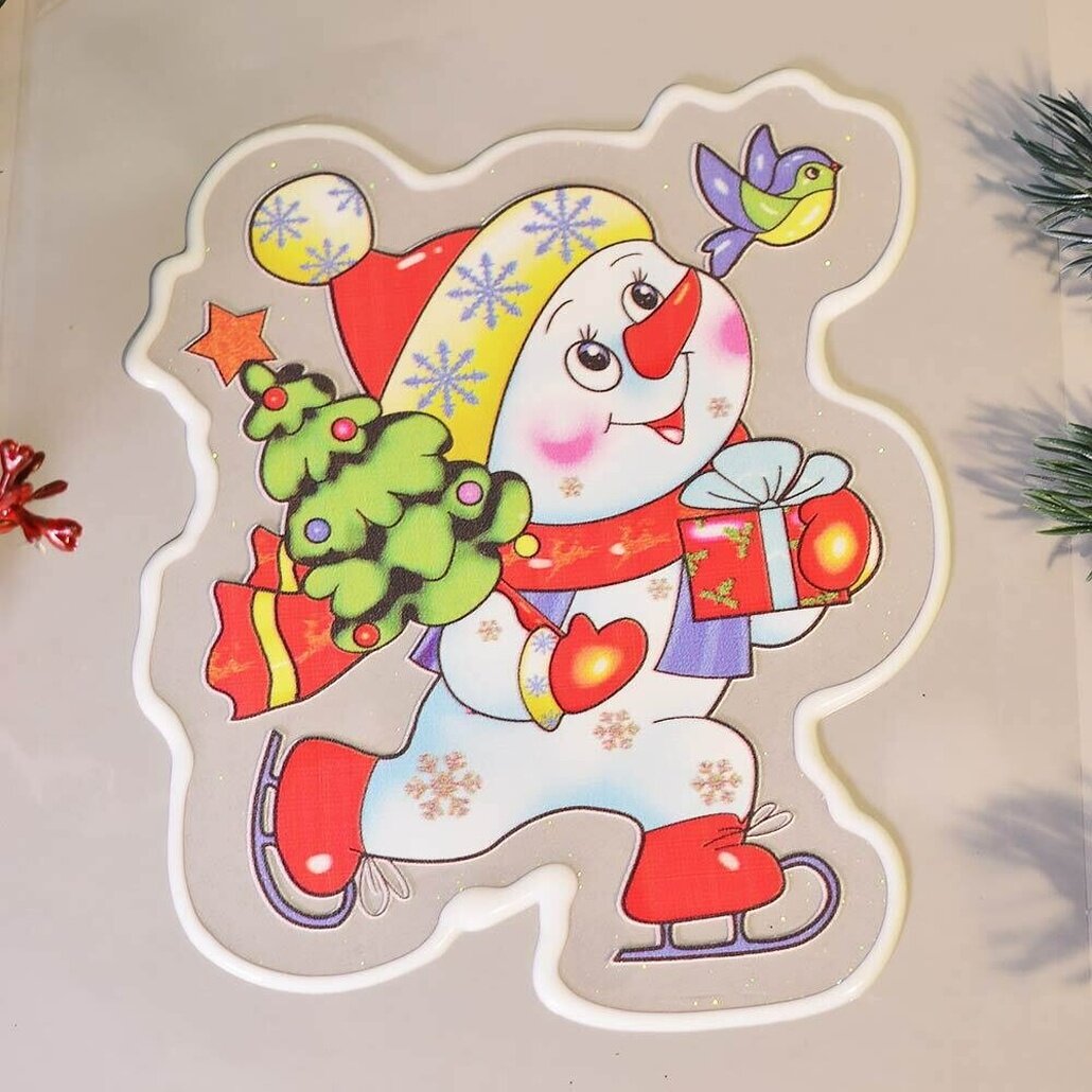 Наклейка новогодняя фигурная "Снеговик на коньках", украшение окна, 13×11см