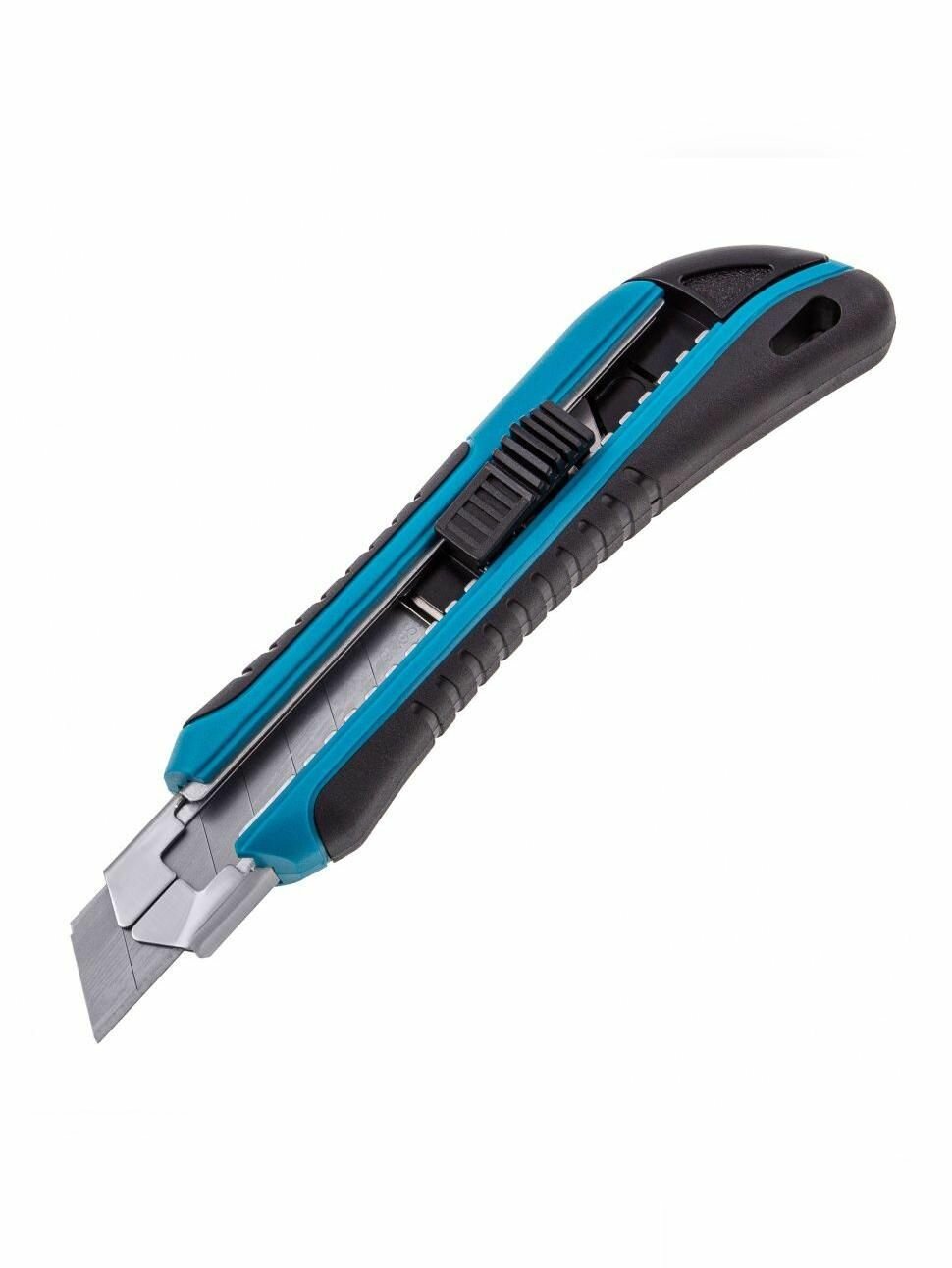 Нож, 170 мм, обрезиненный ABS-корпус, выдвижное сегментное лезвие 18 мм (SK-5), металлическая направляющая, 5 запасных лезвий Gross 78893