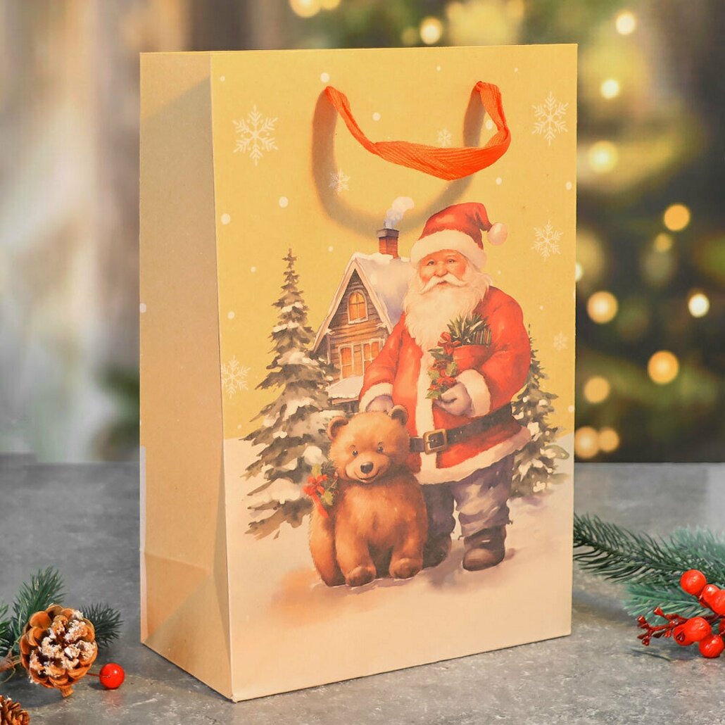 Пакет подарочный бумажный 20х30х10см, крафт, "Новый год", цвета в ассортименте