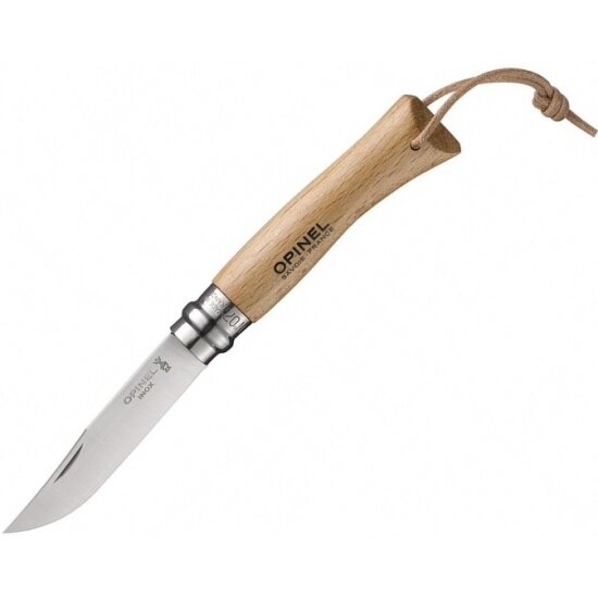 Нож складной Opinel №7, нержавеющая сталь, бук, с кожаным темляком